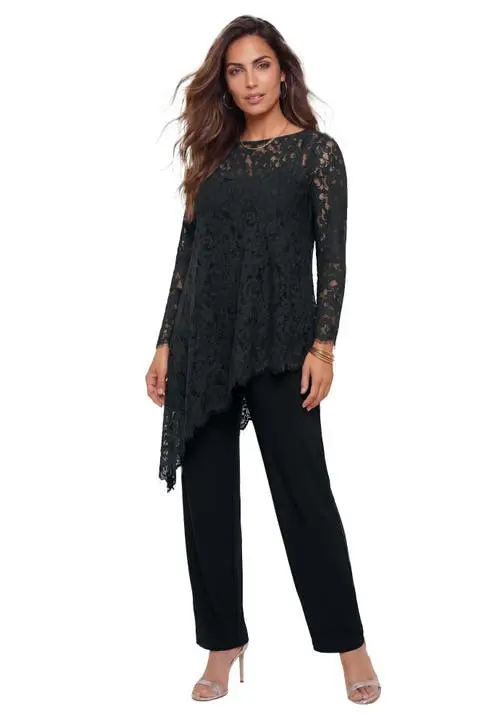 Roaman's Asymmetrical Lace Pant Set Long Sleeve Lace Scalloped Tunic & Elastic Waist Pants - Black