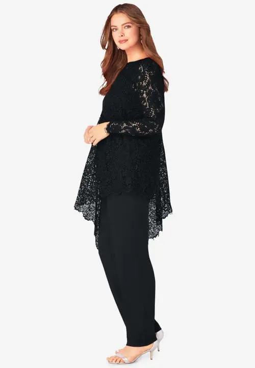 Roaman's Asymmetrical Lace Tunic And Elastic Waist Pant Set - Emerald Green