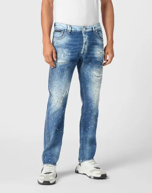 Philipp Plein Studded Straight Cut Denim Trousers - Thunderblue