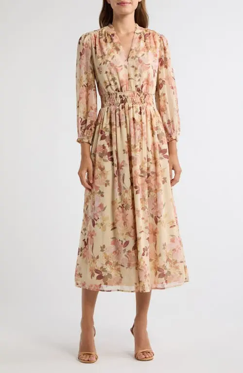 Anne Klein Floral Metallic Stripe Midi Dress