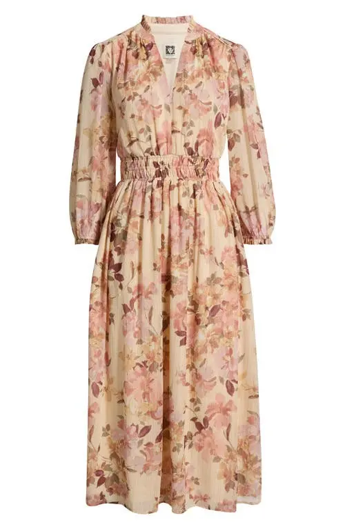 Anne Klein Floral Metallic Stripe Midi Dress