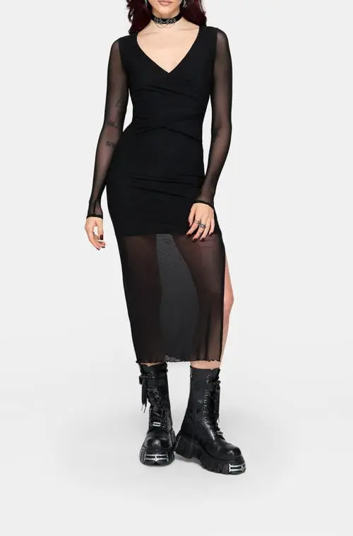 DISTURBIA Zillah Ruched Wrap Mesh Midi Dress