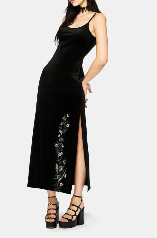 DISTURBIA Velour Maxi Dress With Embroidery And Slit