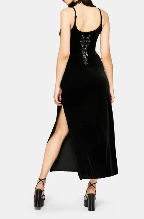 DISTURBIA Velour Maxi Dress With Embroidery And Slit