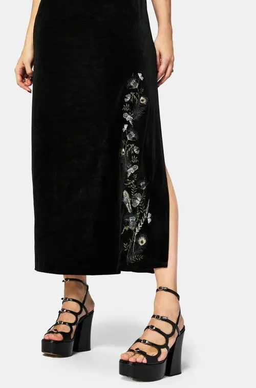 DISTURBIA Velour Maxi Dress With Embroidery And Slit