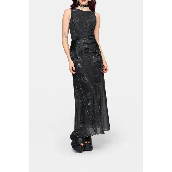 DISTURBIA Kosmara Map Print Mesh Maxi Dress