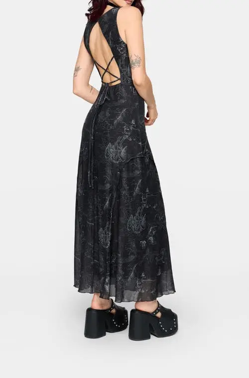 DISTURBIA Kosmara Map Print Mesh Maxi Dress