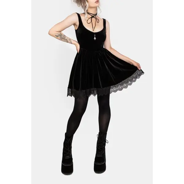 DISTURBIA Orbweb Lace Hem Velour Mini Dress