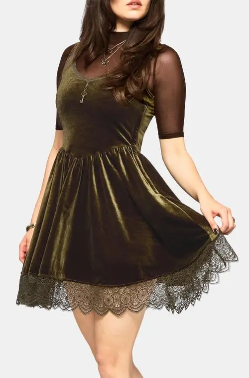 DISTURBIA Orbweb Lace Hem Velour Mini Dress - Green