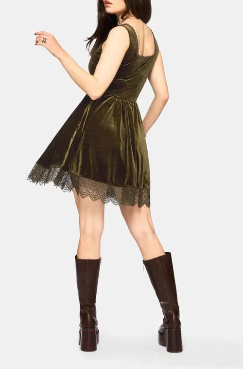 DISTURBIA Orbweb Lace Hem Velour Mini Dress - Green