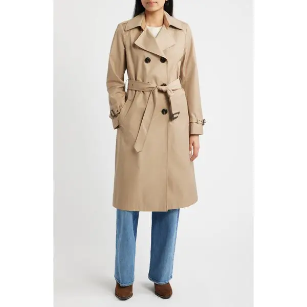 Sam Edelman Double Breasted Trench Coat With Faux Suede Detailing - Sand