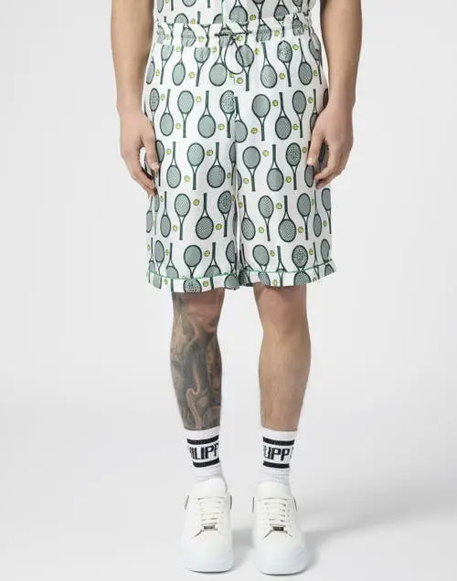 Philipp Plein Silk Tennis Print Drawstring Shorts