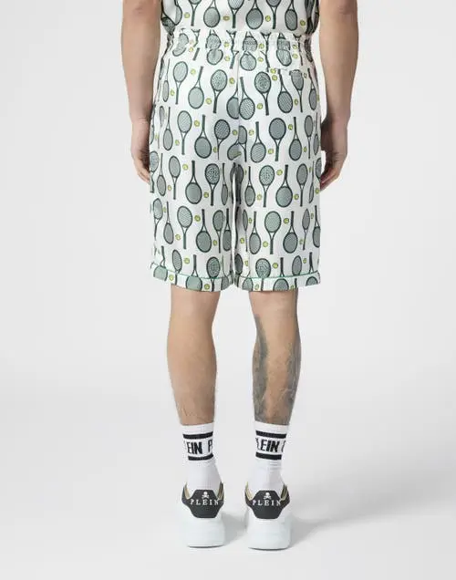 Philipp Plein Silk Tennis Print Drawstring Shorts
