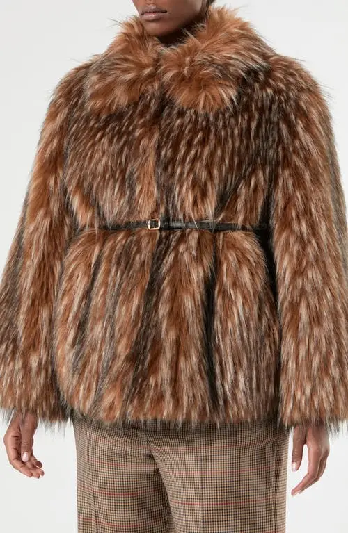 Marina Rinaldi Faux Fur Short Coat With Spread Collar And Belt
