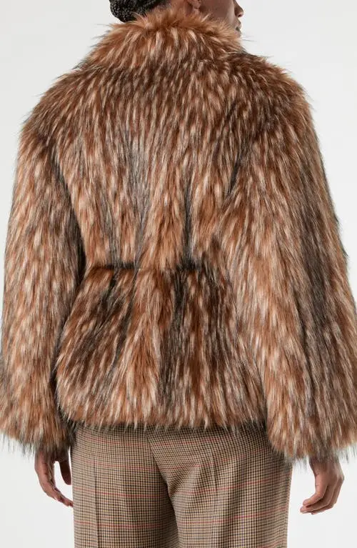 Marina Rinaldi Faux Fur Short Coat With Spread Collar And Belt