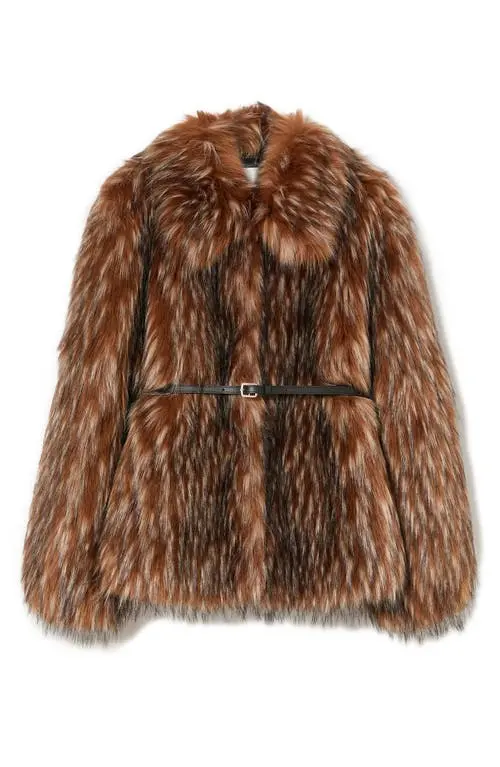 Marina Rinaldi Faux Fur Short Coat With Spread Collar And Belt