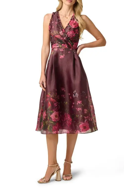 Adrianna Papell Floral Organza Midi Dress - Burgundy Multi