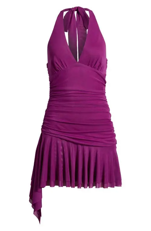 Lulus Priscilla Ruched Mesh Halterneck Mini Dress - Plum