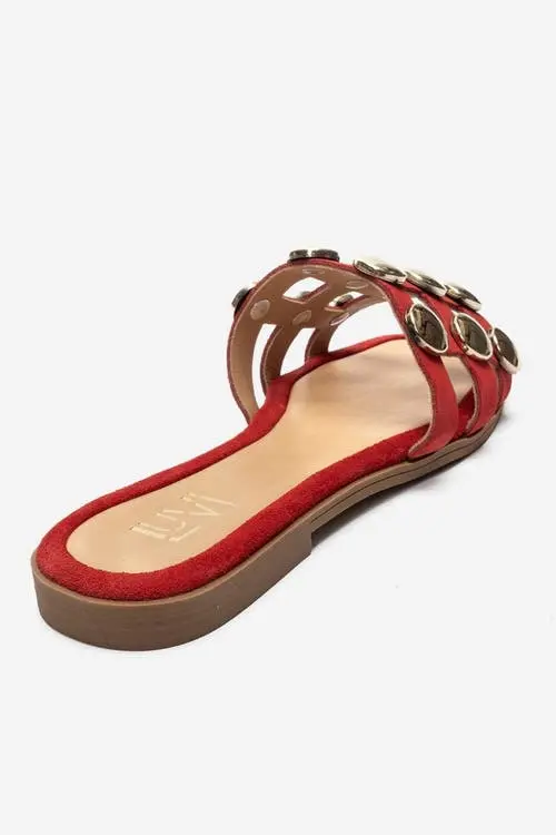 FOREVER & ALWAYS SHOES Bareon Leather Sandal With Tone Embellishments - Red Suede