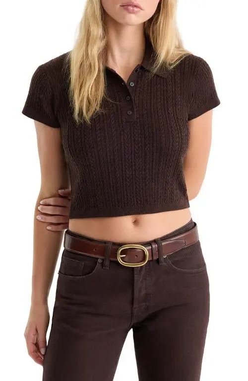 Good American Micro Cable Merino Wool Cropped Polo - Espresso