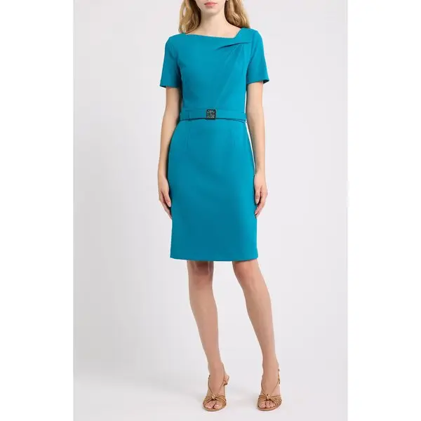 Anne Klein Asymmetric Neck Scuba Crepe Sheath Dress - Teal