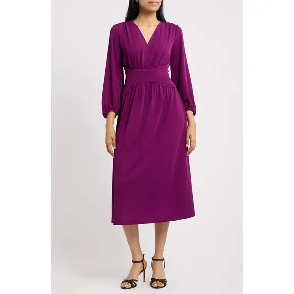 Anne Klein Blouson Long Sleeve Fit & Flare Midi Dress - Beet
