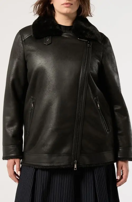 Marina Rinaldi Faux Fur Trim Faux Leather Moto Jacket