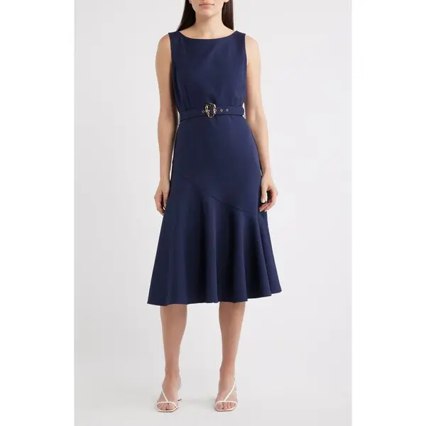 Tahari Belted Crepe Dress With Ruffle Hem