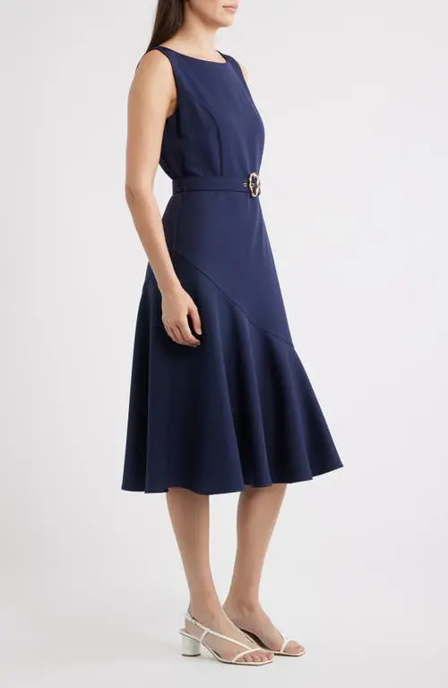 Tahari Belted Crepe Dress With Ruffle Hem