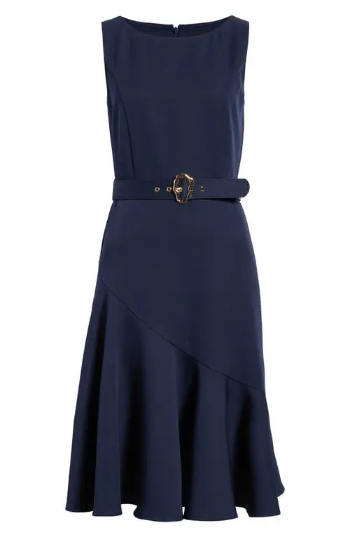 Tahari Belted Crepe Dress With Ruffle Hem