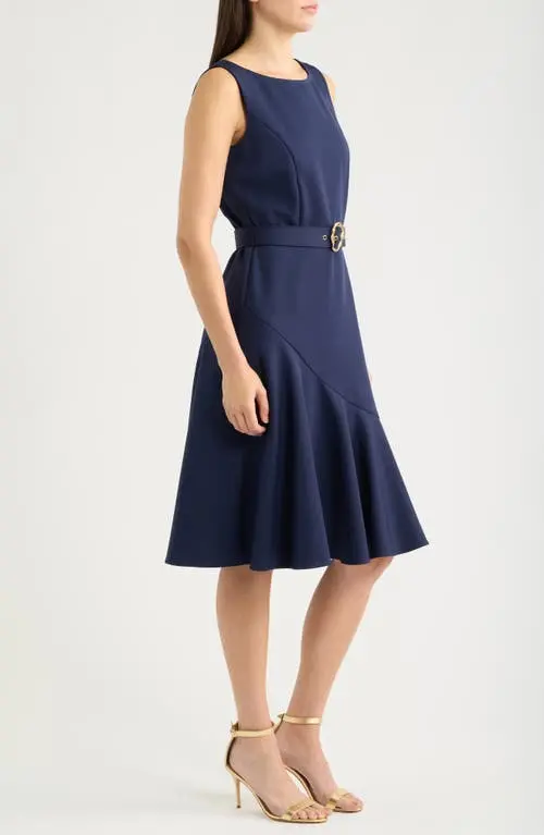 Tahari Belted Crepe Dress With Ruffle Hem