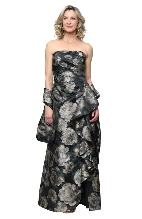 Alex Evenings Strapless Metallic Floral Jacquard Gown