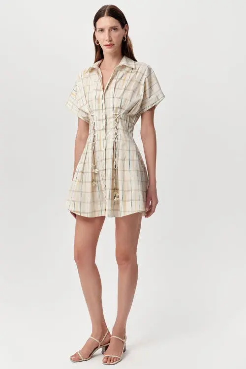 EXQUISE Alberge Short Sleeve Tie Waist Plaid Mini Dress - Multi Color