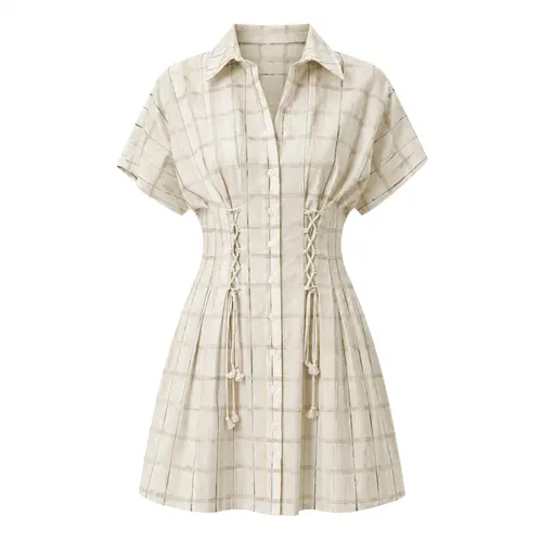 EXQUISE Plaid Shirt Dress With Tie Waist