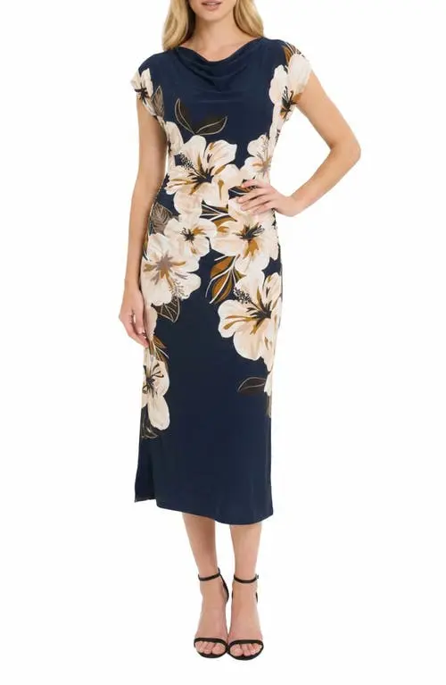 Maggy London Floral Cowl Neck Sheath Dress - Deep Indigo/ivory