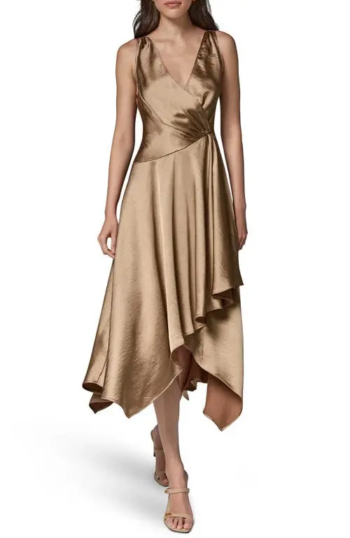 Donna Karan New York Hammered Satin V-neck Handkerchief Hem Dress - Camel