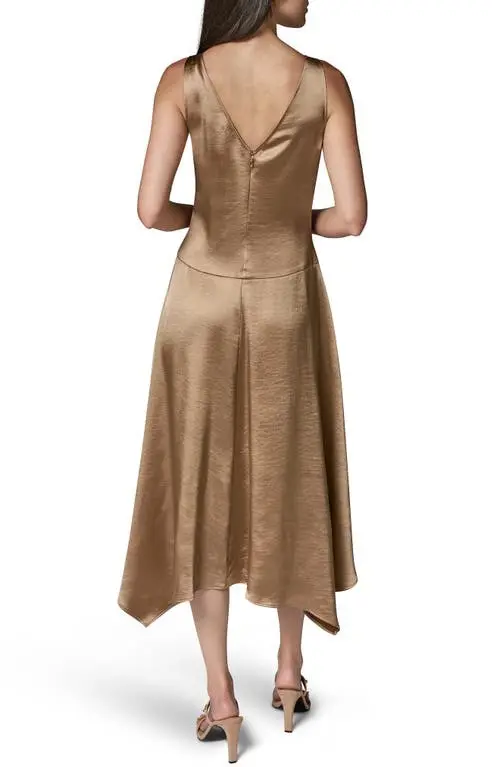 Donna Karan New York Hammered Satin V-neck Handkerchief Hem Dress - Camel