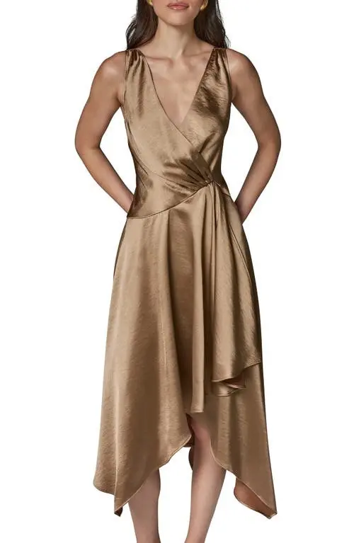 Donna Karan New York Hammered Satin V-neck Handkerchief Hem Dress - Camel