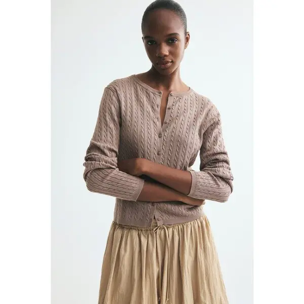 H&M Cable-knit Fitted Cardigan - Taupe