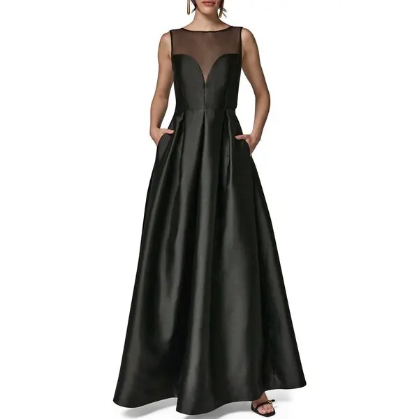 Donna Karan New York Mesh Yoke Fit & Flare Mikado Gown