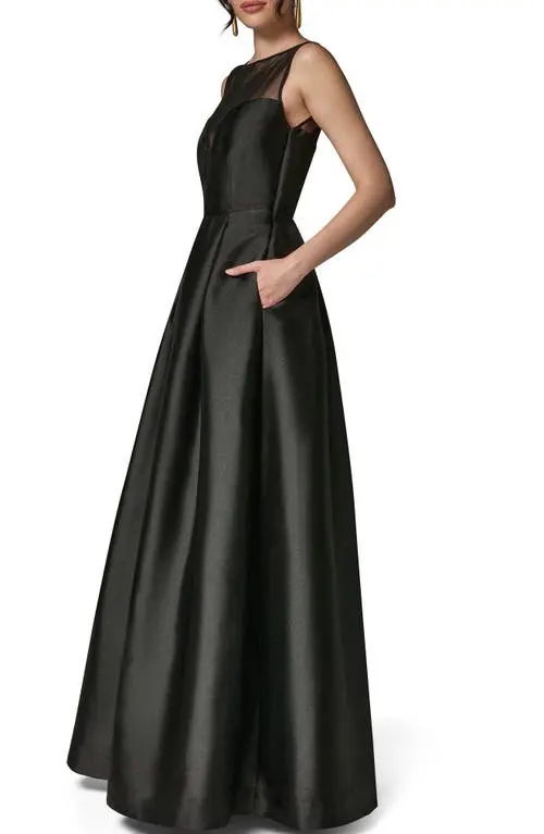 Donna Karan New York Mesh Yoke Fit & Flare Mikado Gown