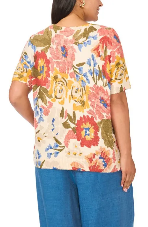 Vince Camuto Floral Print Short Sleeve Crewneck Sweater