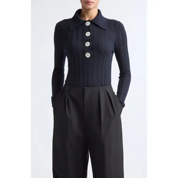 NACKIYE Sugarman Long Sleeve Virgin Wool Rib Polo - Navy