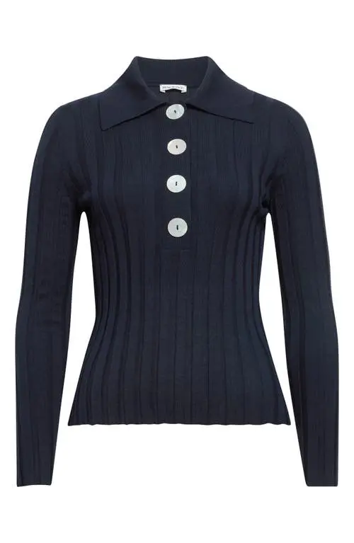 NACKIYE Sugarman Long Sleeve Virgin Wool Rib Polo - Navy