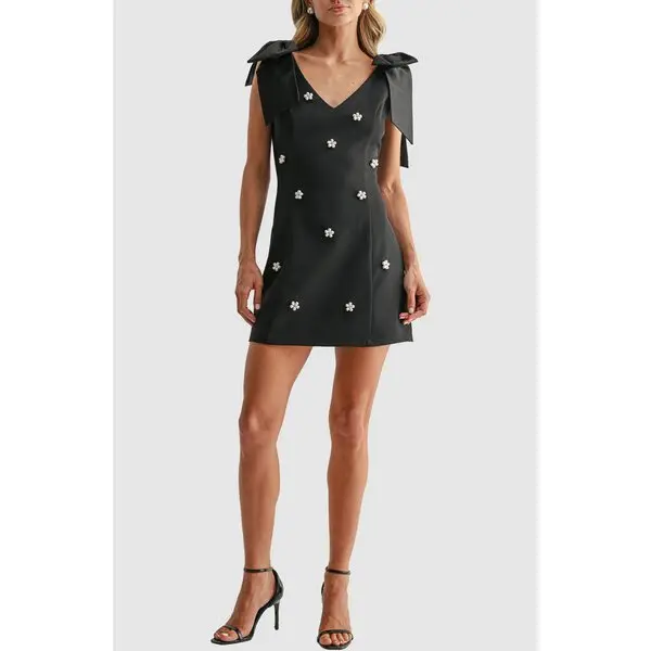 ALL IN FAVOR Embellished Bow Shoulder Mini Dress