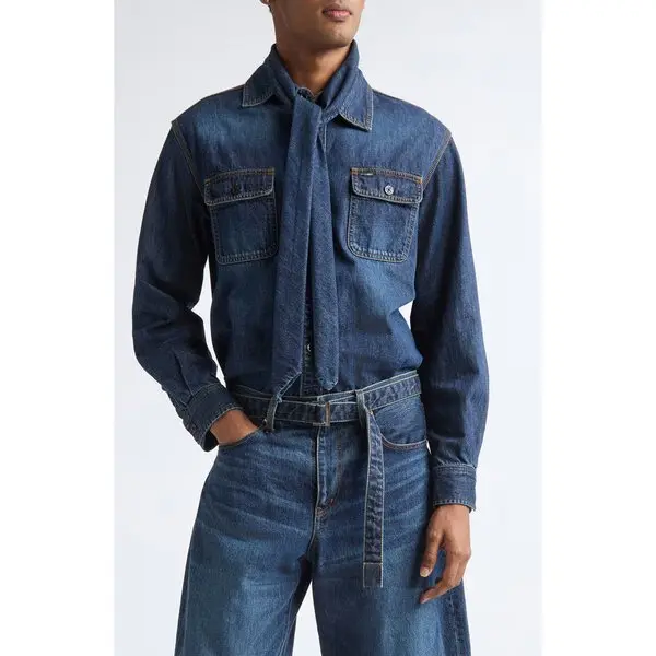 Sacai Tie Neck Denim Button-up Shirt - Blue