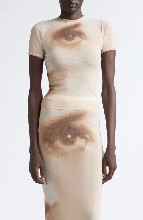 JEAN PAUL GAULTIER Face Print Crop Mesh Baby Tee - Beige