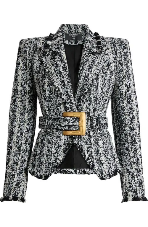 Balmain Two-tone Tweed Belted Jacket