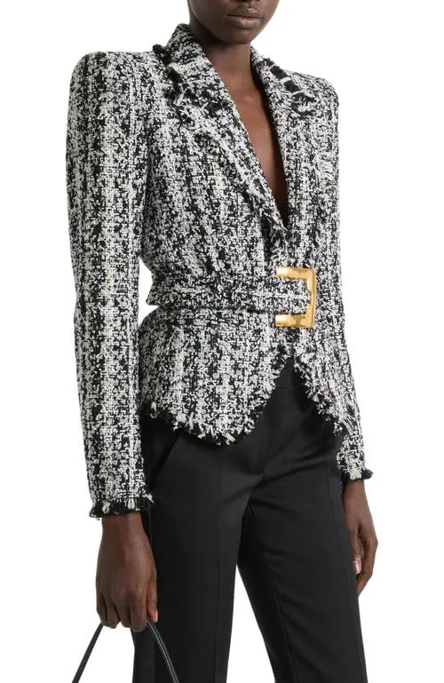 Balmain Two-tone Tweed Belted Jacket