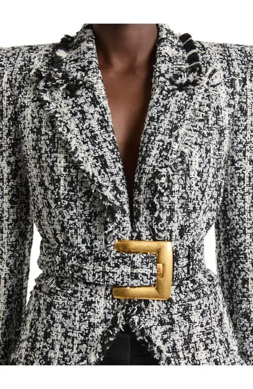 Balmain Two-tone Tweed Belted Jacket